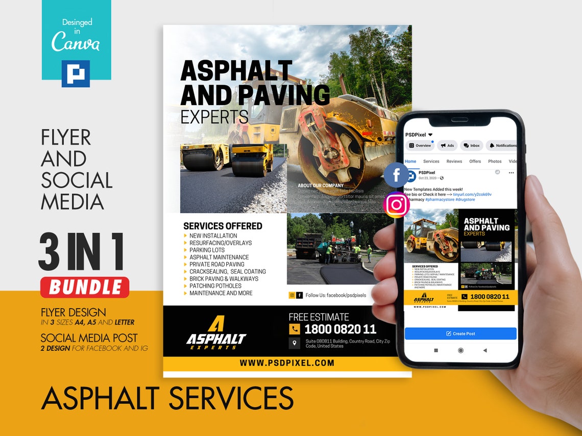 Road Paving Flyer and Social Media Combo Promotional Canva Template - Etsy
