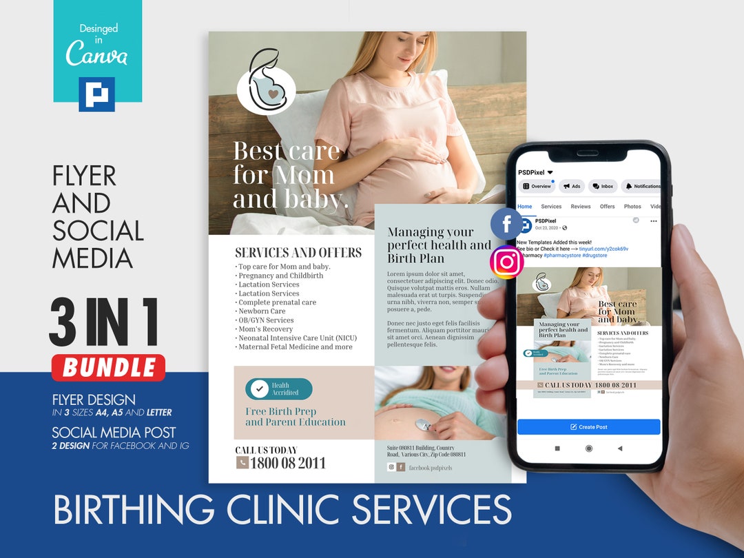 Pregnancy and Childbirth Clinic Flyer and Social Media Combo ...