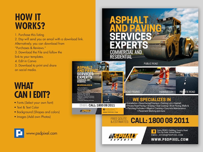 Asphalt Company Flyer and Social Media Combo Promotional Canva Template ...