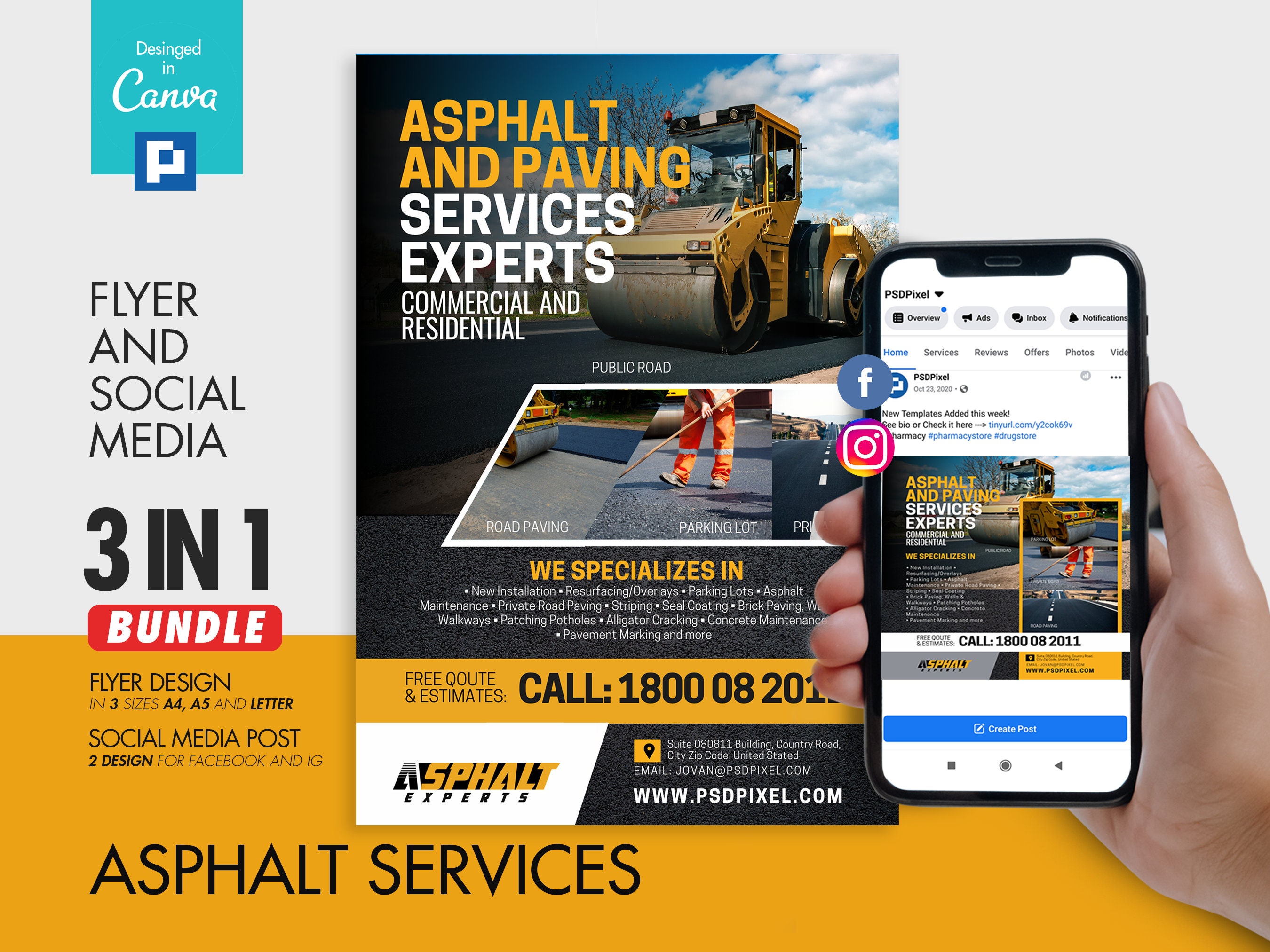 Asphalt Company Flyer and Social Media Combo Promotional Canva Template ...
