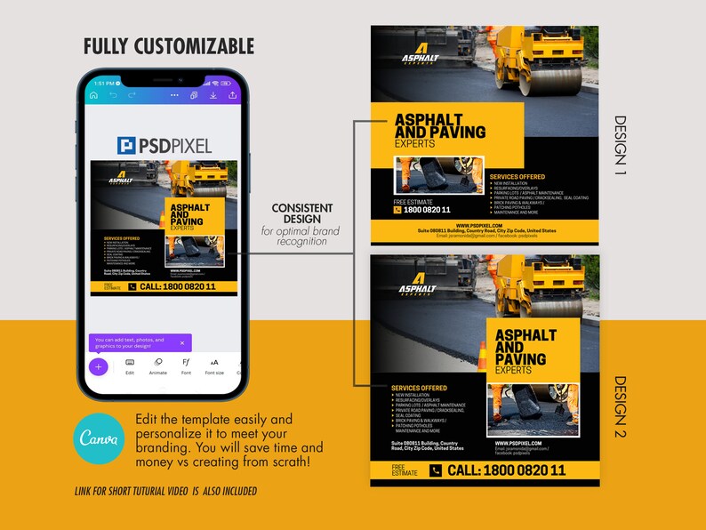 Paving Services Flyer and Social Media Combo Promotional Canva Template ...