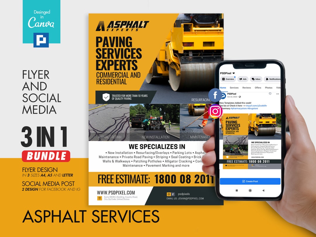 Asphalt Services Flyer and Social Media Combo Promotional Canva ...