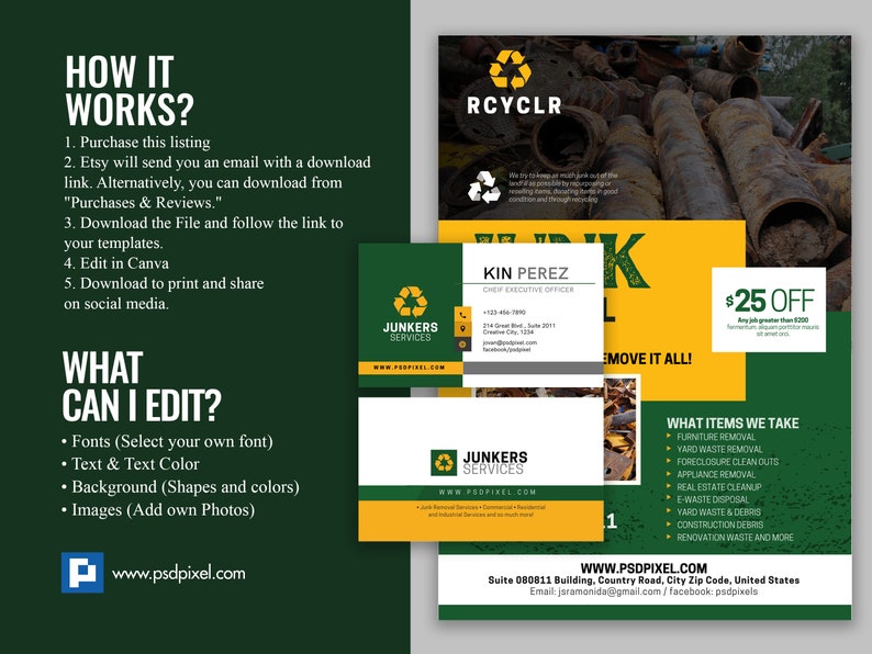 Junk and Trash Removal Service Flyer and Business Card DIY Template in ...