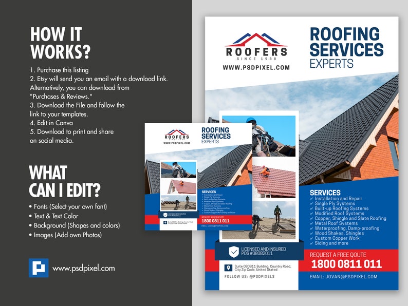 Roofing Services Experts Flyer and Social Media Combo Promotional Canva ...