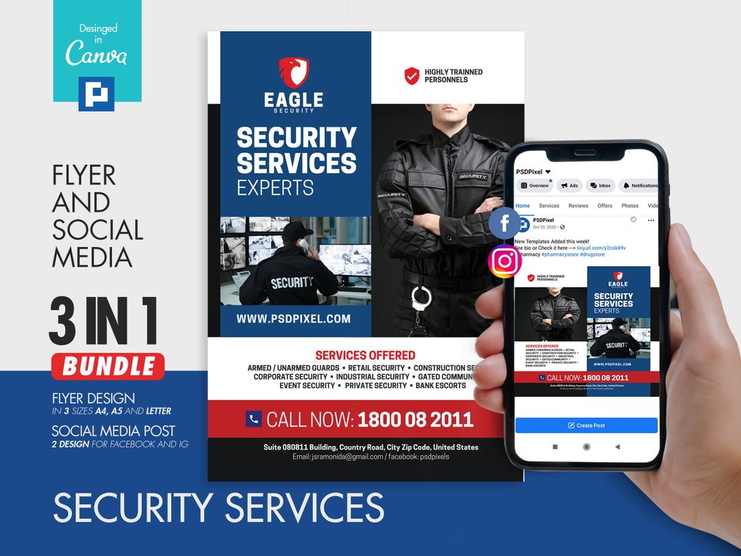 Private Security Company Flyer and Social Media Combo Promotional Canva ...
