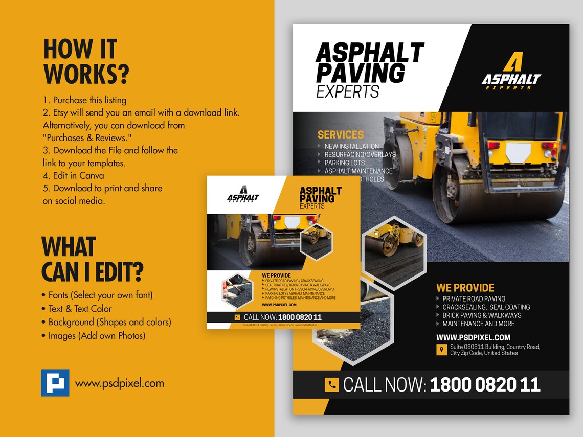 Paving Company Flyer and Social Media Combo Promotional Canva Template ...