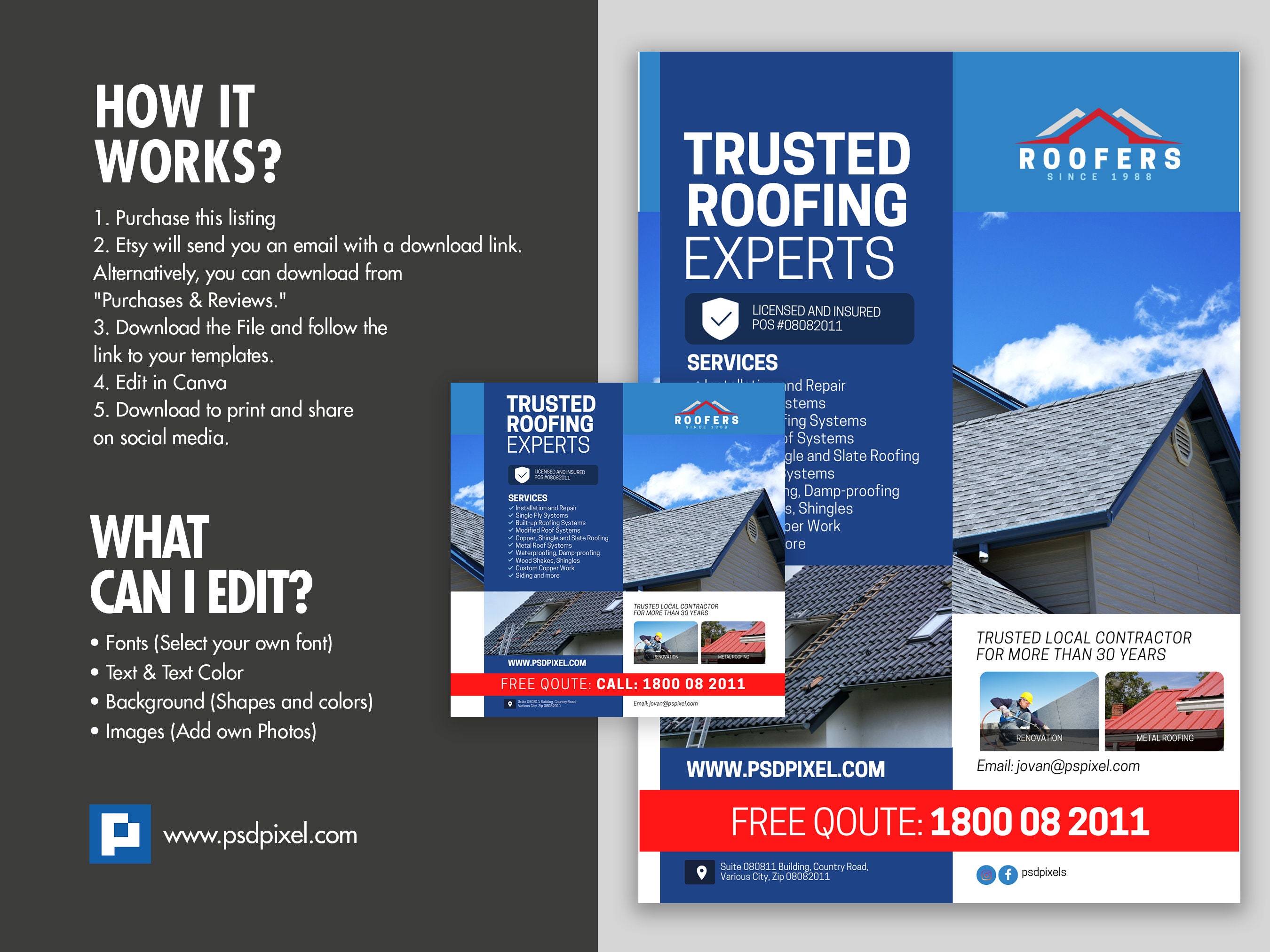 Roofing and Building Flyer and Social Media Combo Promotional Canva ...