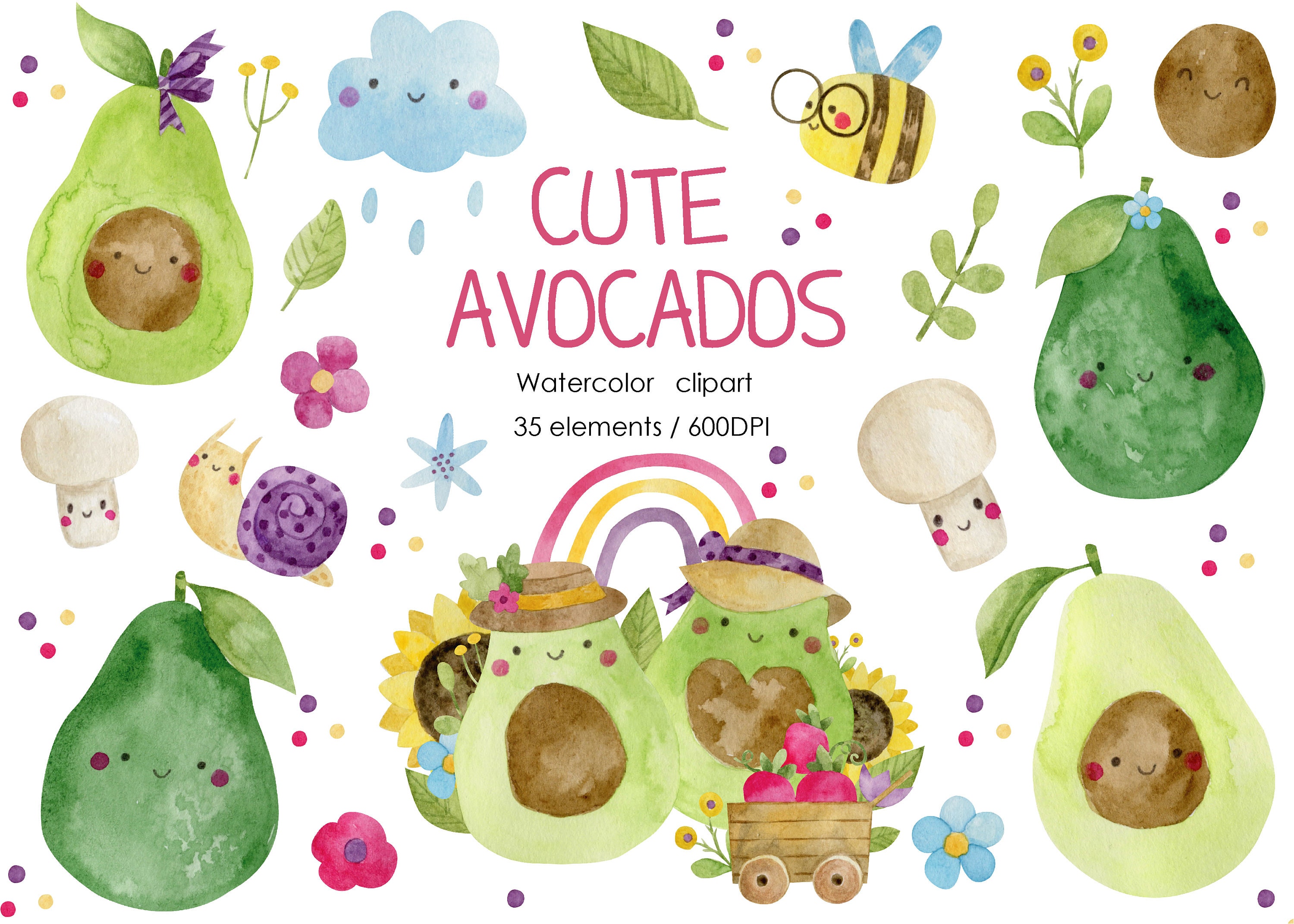 Avocados Family Cute Avocados Characters Watercolor Avocados Clipart ...