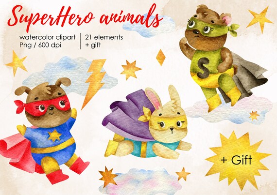 Superhero Animals Clipart. Cute Watercolor Superhero Clip Art. - Etsy