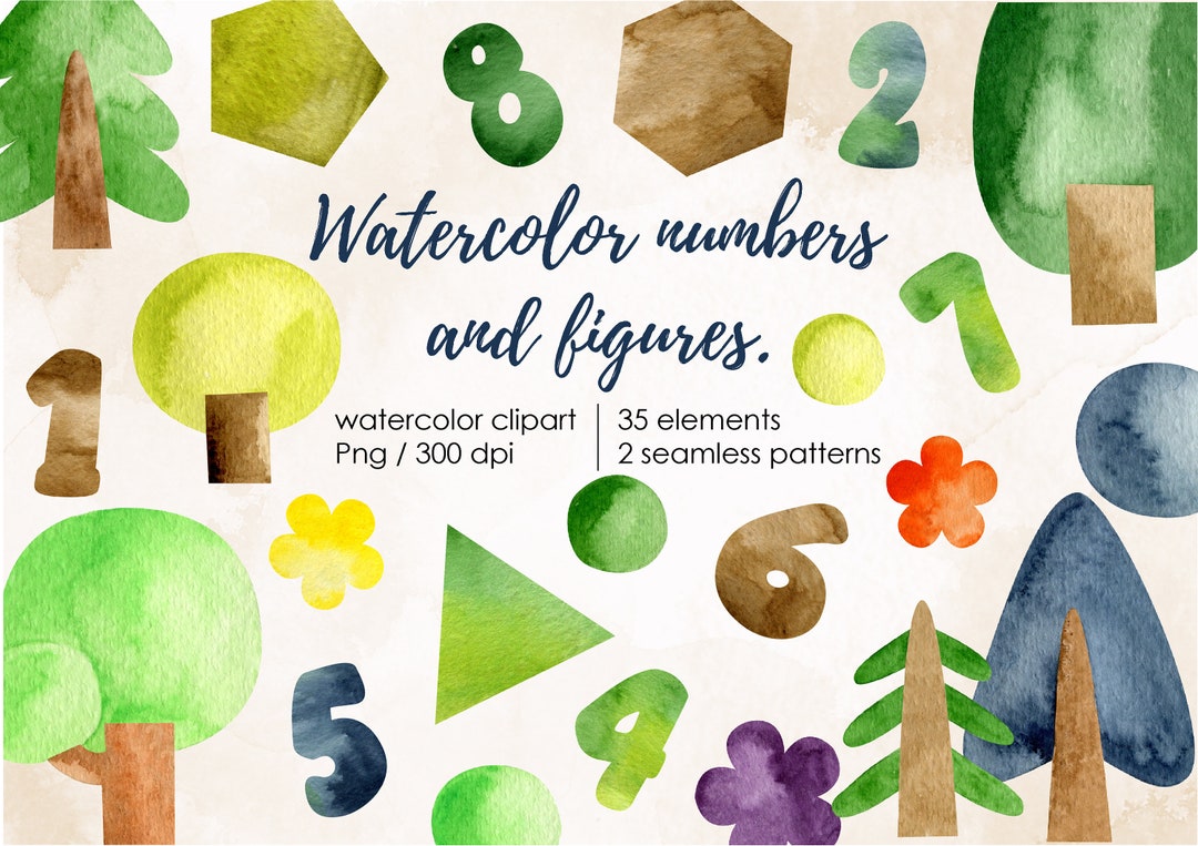 Watercolor Numbers Clipart. Geometric Figures Clipart. - Etsy