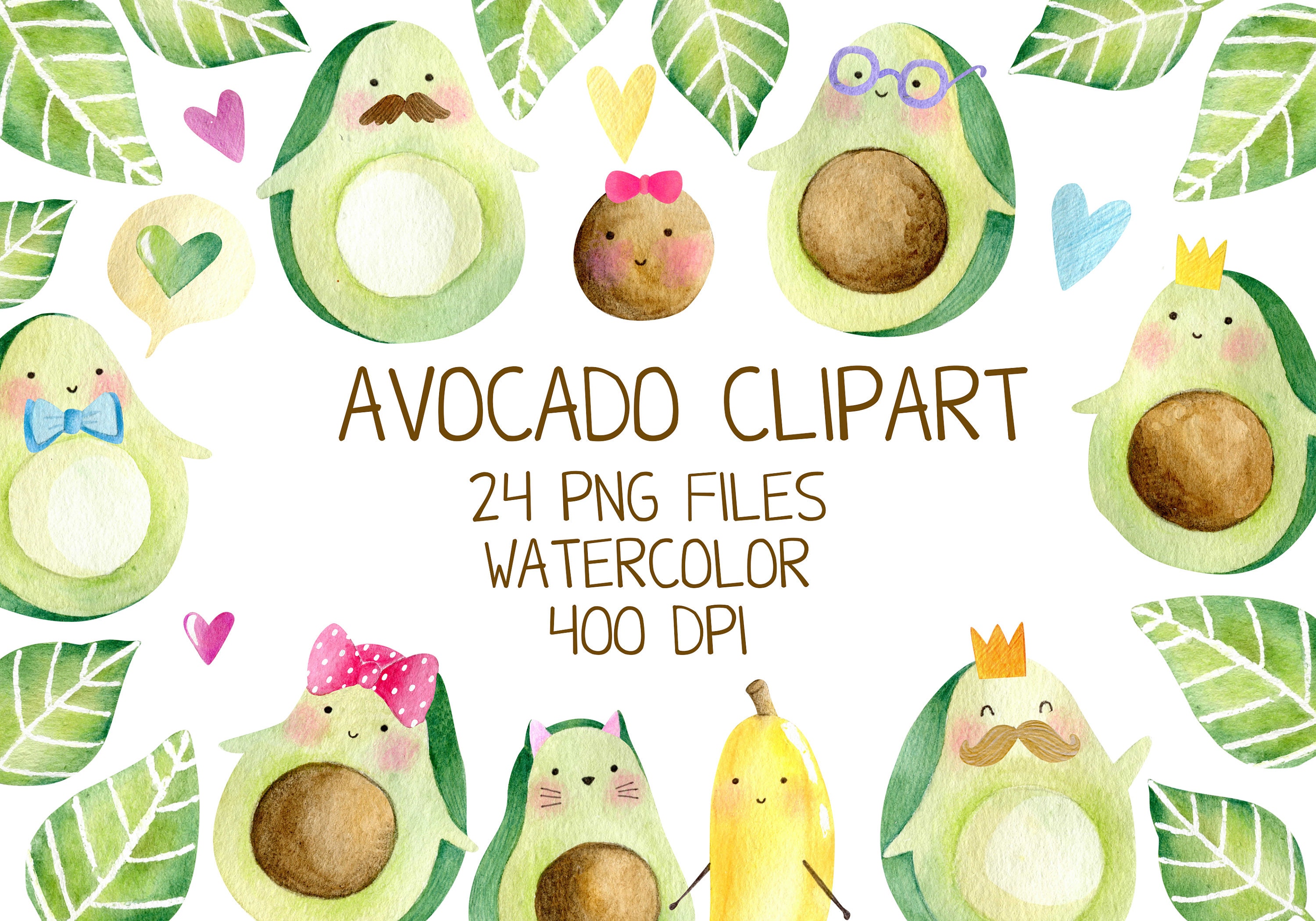 Avocados Family Cute Avocados Characters Watercolor Avocados Clipart ...