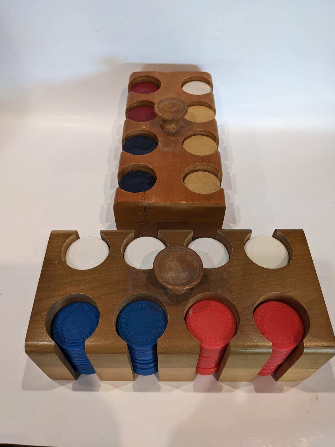 Set of 2 Vintage Wood Poker Chips in Original Wood Holder - Etsy