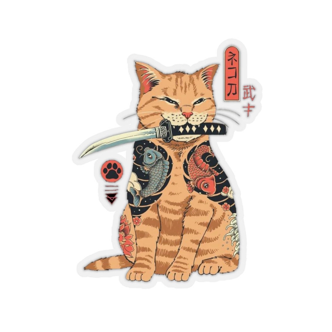 Japanese Traditional Cat Laptop Sticker Cat Samurai Stickers 4 Sizes ...
