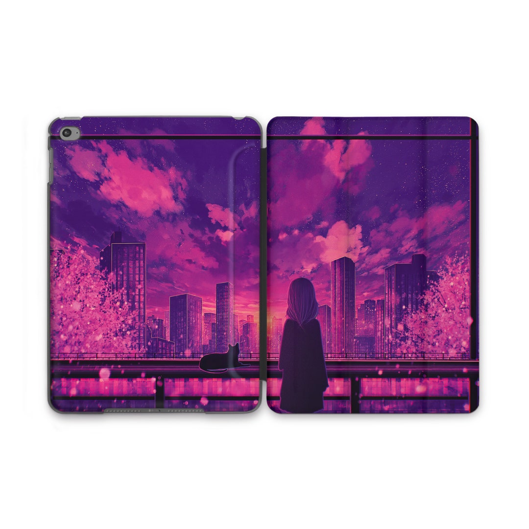 Purple Town View Girl With Cat Combined iPad Case iPad 10.9 Inches 10.5 ...