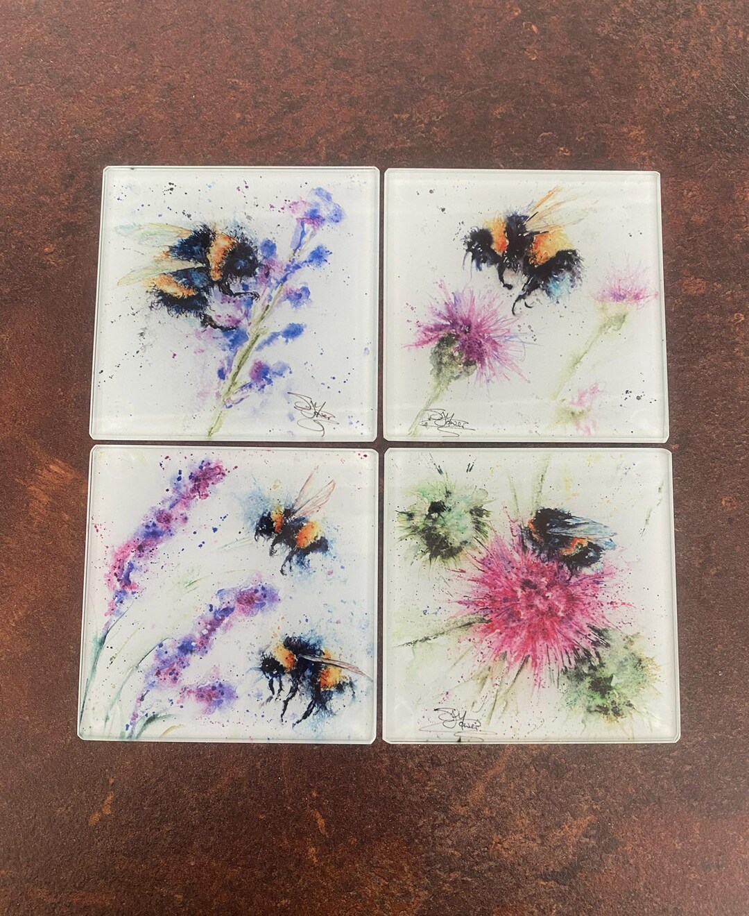 Set of 4 Glass Coasters, Colourful Bee Design Coasters, Glass Mats ...