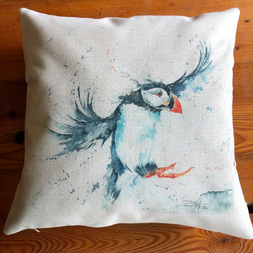 Puffin & Blowin Cushion Cover, Wildlife Art Cushion, Puffin Bird ...