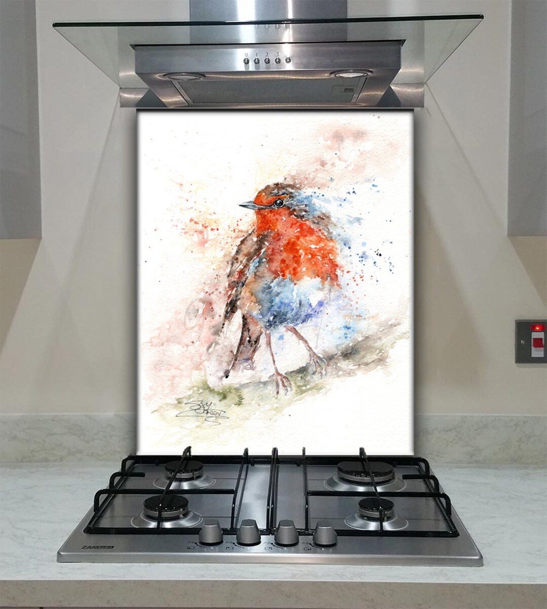 Robin Watercolour Art Glass Splashback, Backsplash, Printed Glass Tile ...