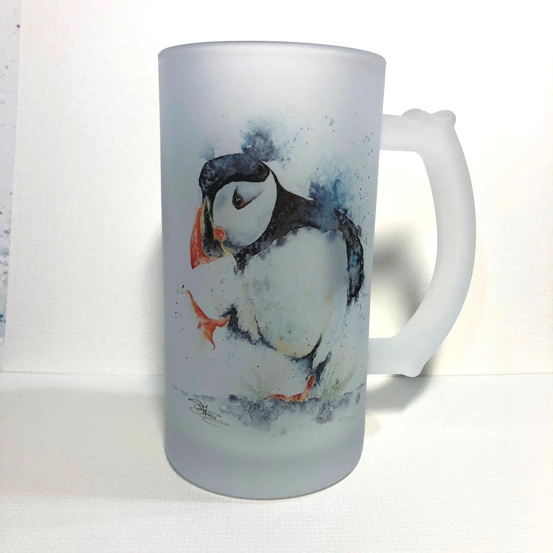 Puffin Frosted Glass Tankard, Beer Stein, 500ml Drinks Glass With ...