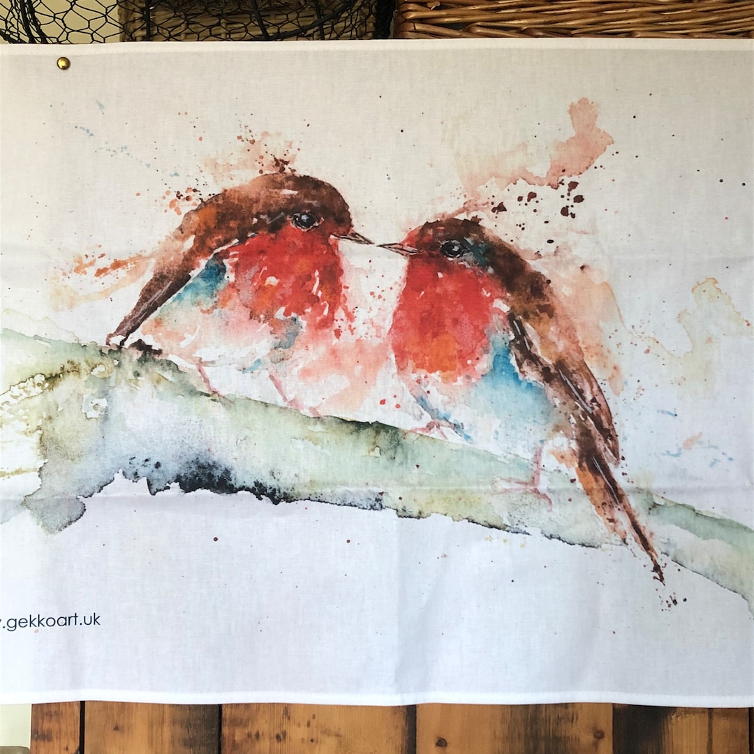 Robins Kiss Tea Towel, Wildlife Art Tea Towel, 100% Cotton, Kitchen ...