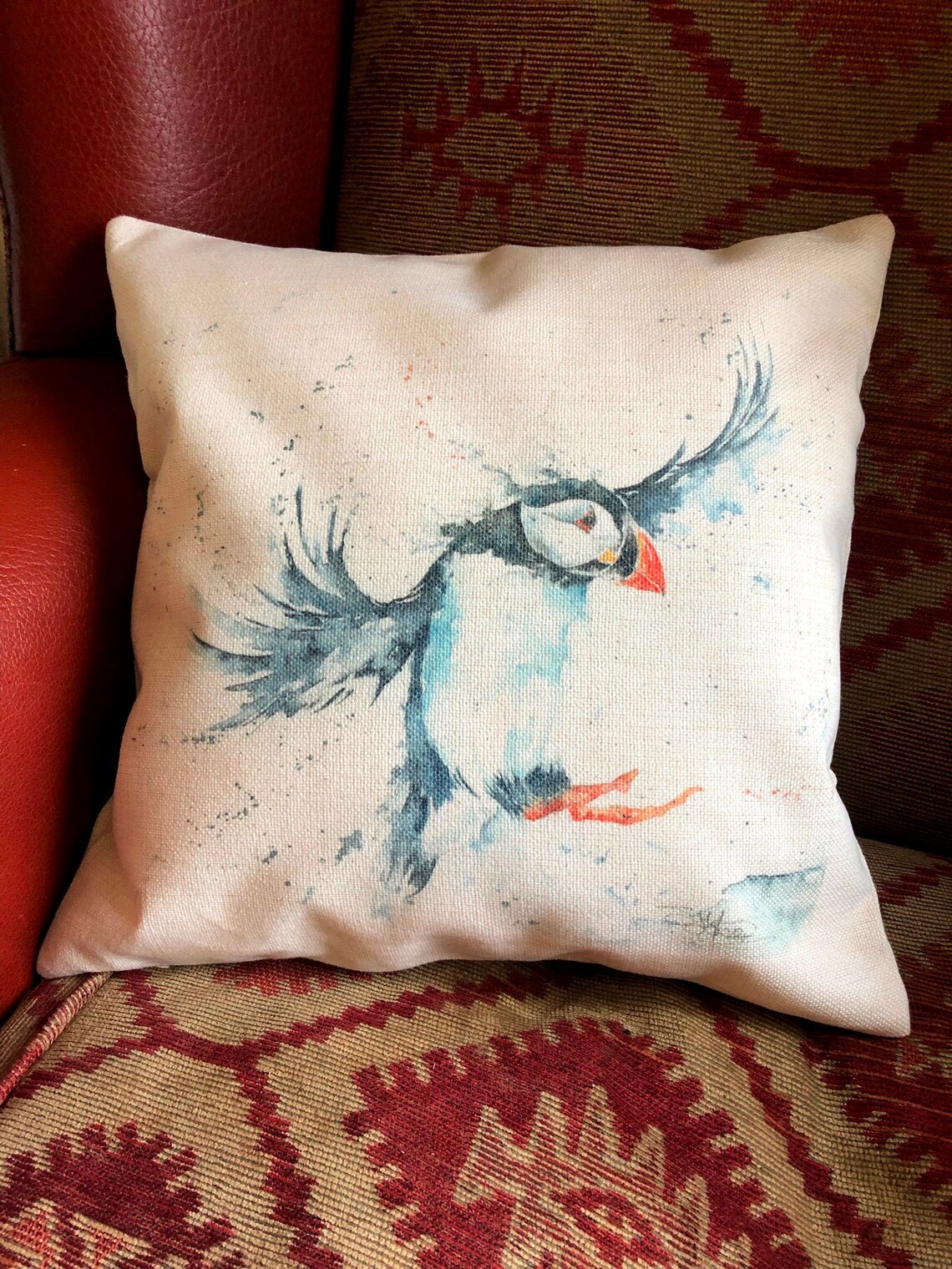 Puffin & Blowin Cushion Cover, Wildlife Art Cushion, Puffin Bird ...