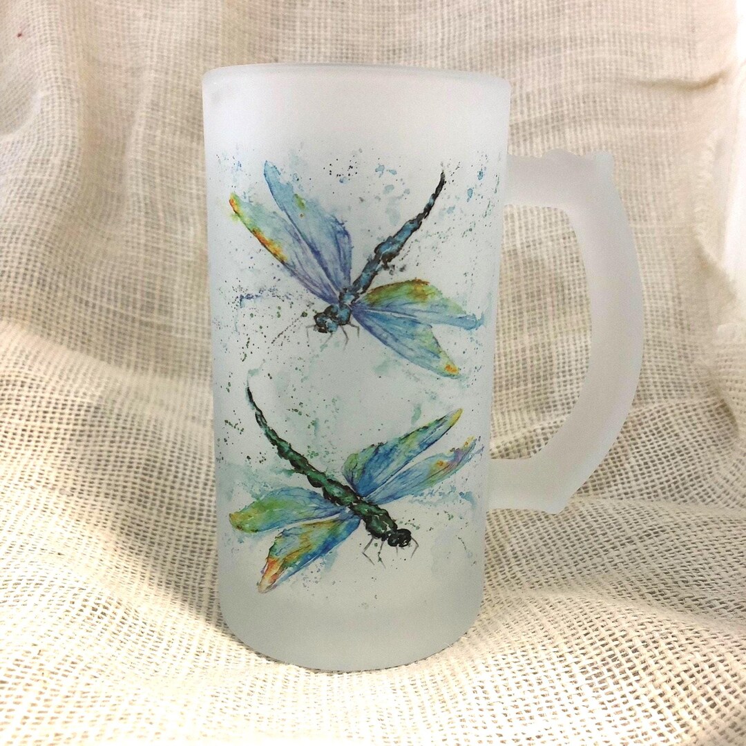 Dragonflies Frosted Glass Tankard, Beer Stein, 500ml Drinks Glass With ...