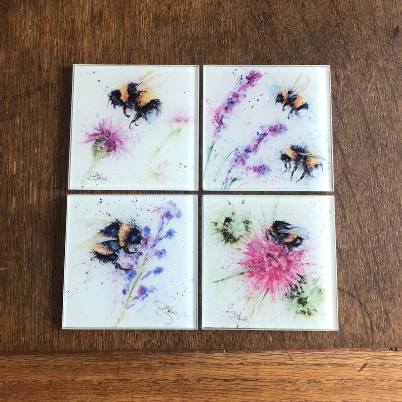 Set of 4 Glass Coasters, Colourful Bee Design Coasters, Glass Mats ...