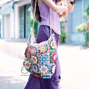 Crochet Tote Bag, Granny Square Boho Bag, Afghan Purse, Handmade Bag ...