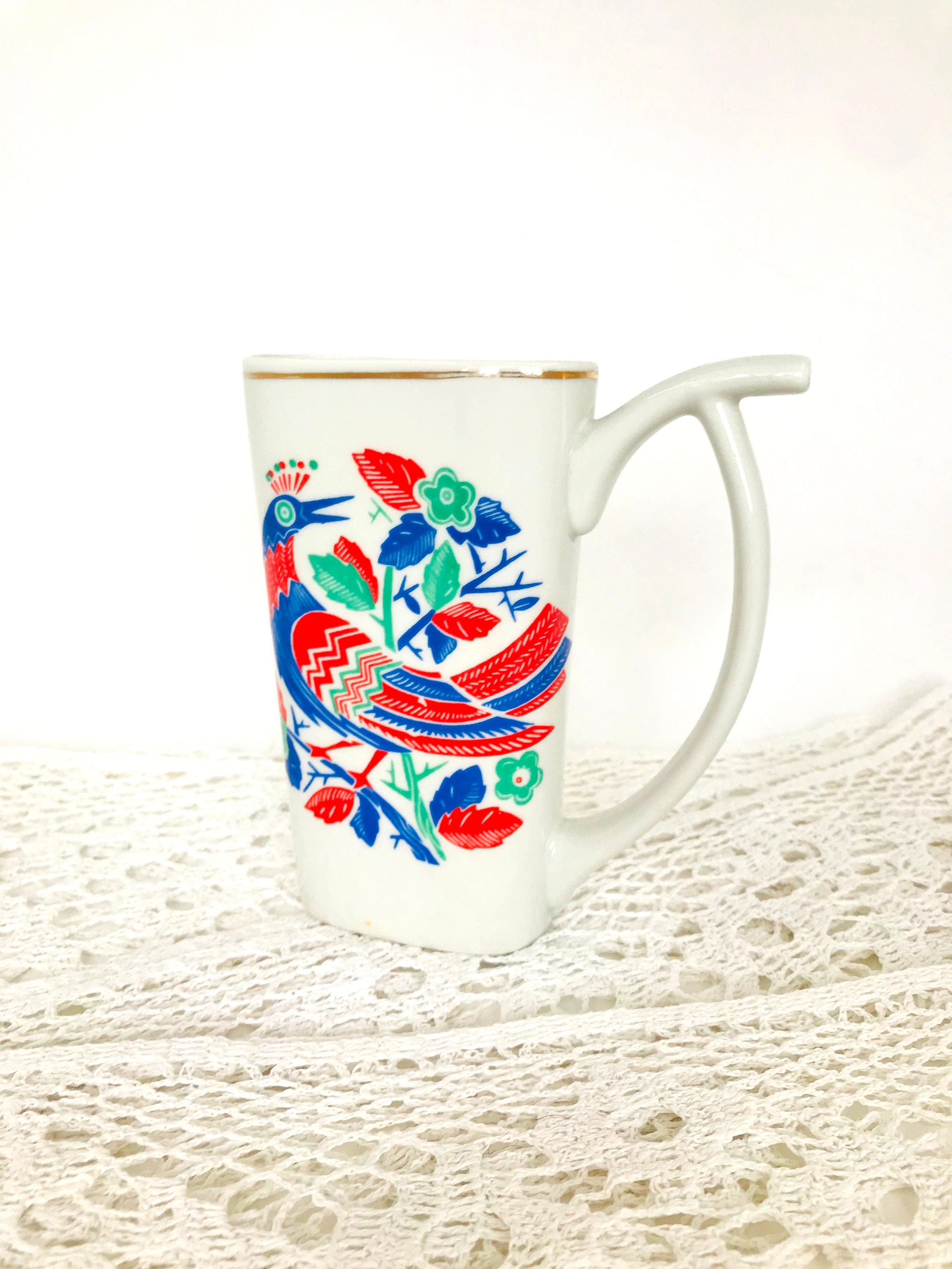 Vintage porcelain soviet drinking mug White patterned bird mug | Etsy