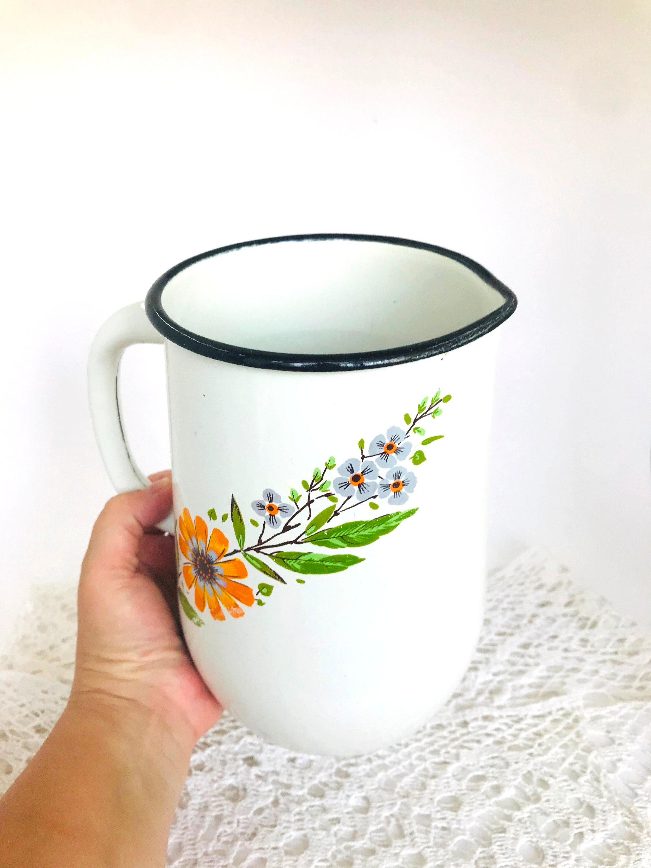White enamelware pitcher Kitchen enamel water jug Primitive | Etsy
