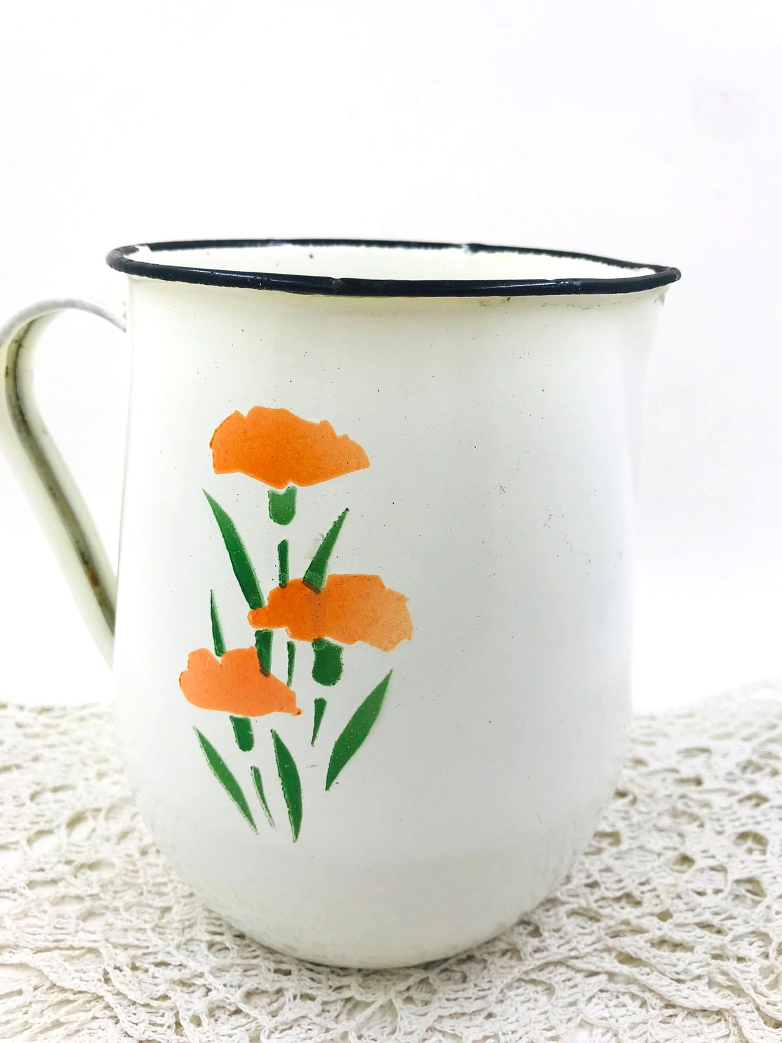 White Enamelware Pitcher Kitchen Enamel Water Jug Primitive | Etsy