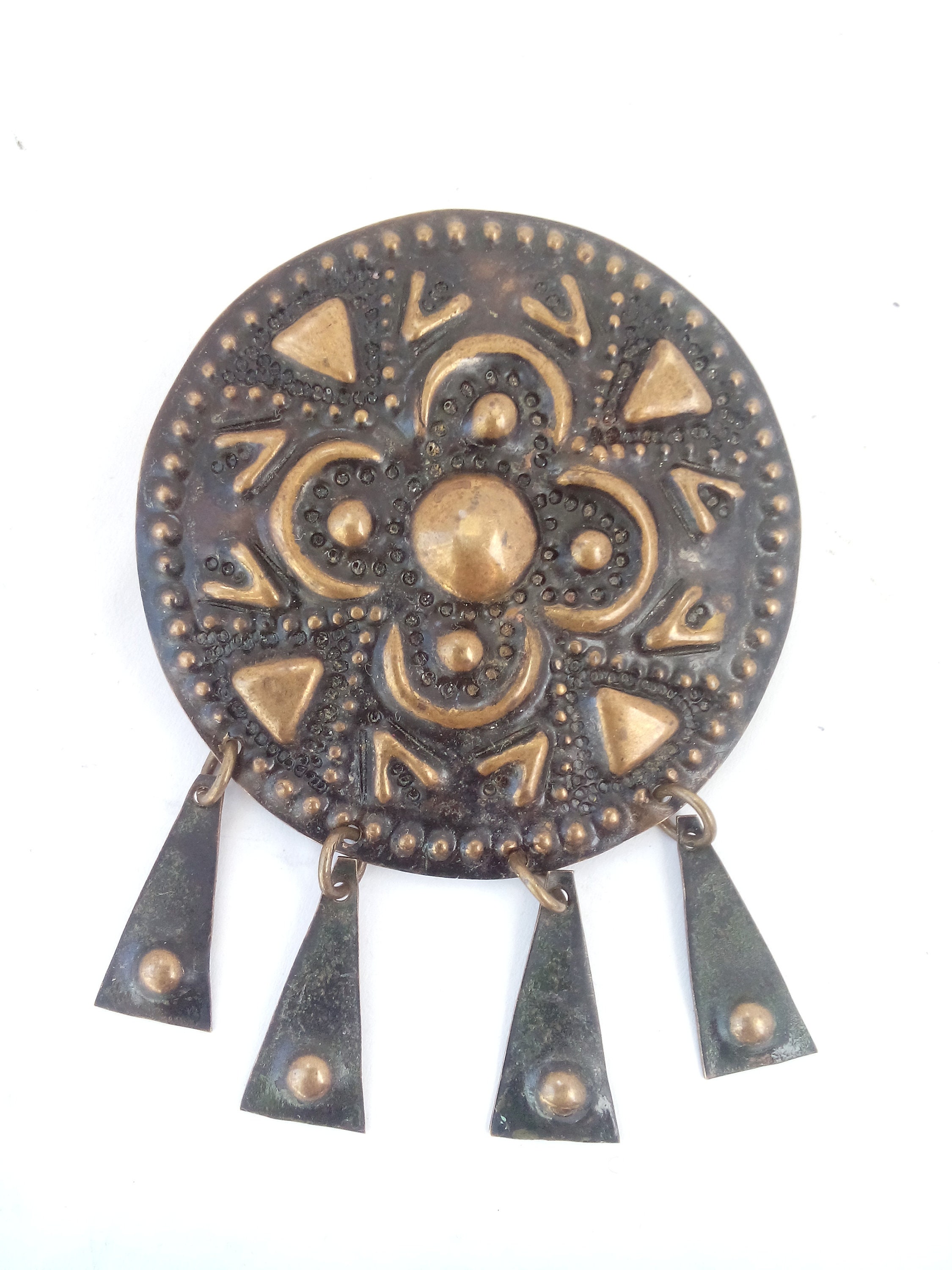Vintage round brooch of metal copper Folk brooches pin Ethnic | Etsy
