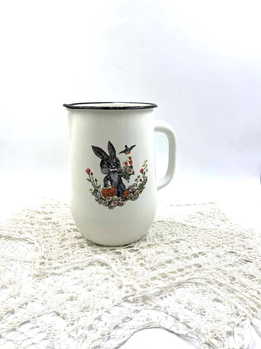 White Enamelware Pitcher Kitchen Enamel Water Jug Primitive Enamelware ...
