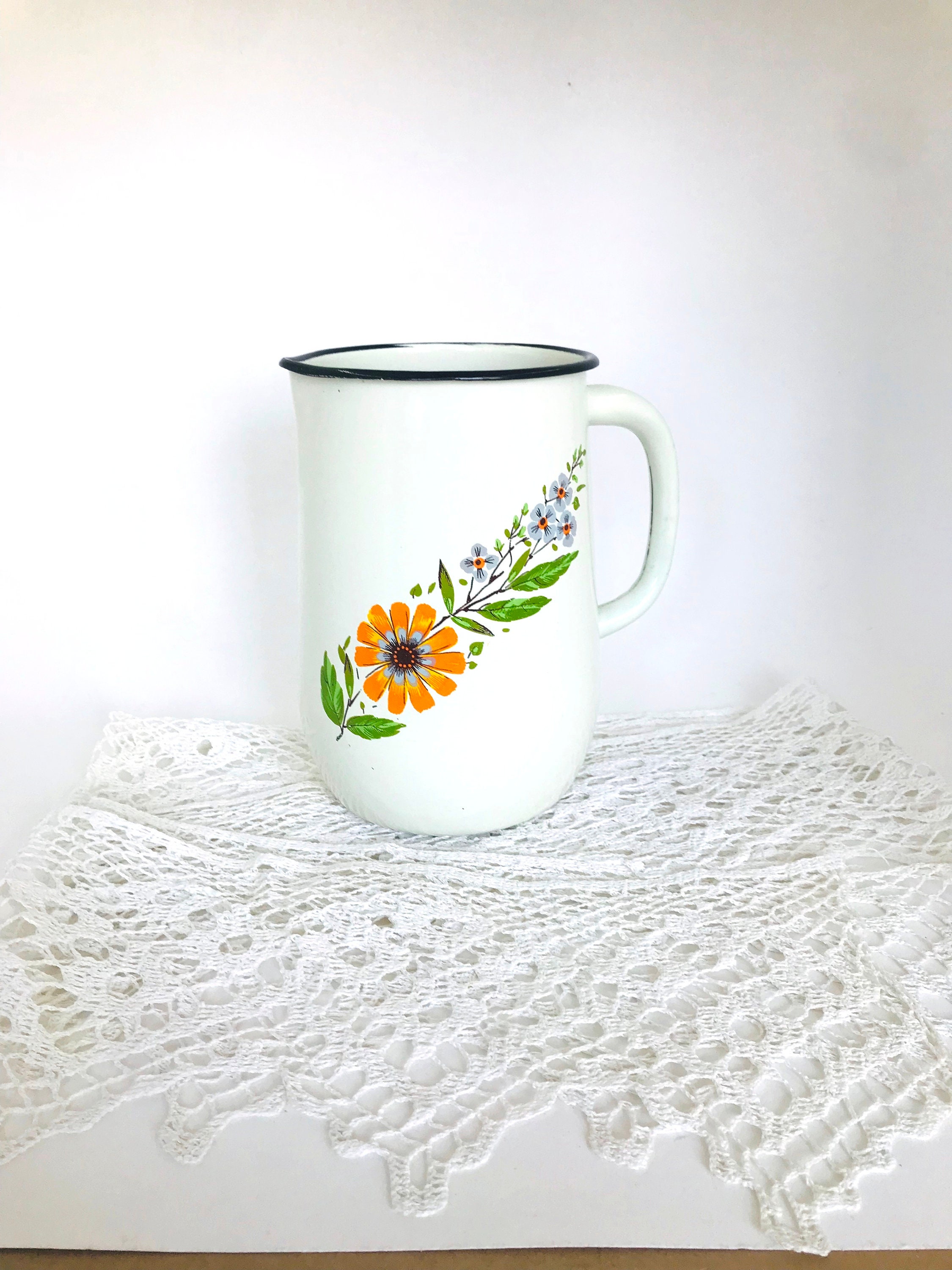 White enamelware pitcher Kitchen enamel water jug Primitive | Etsy