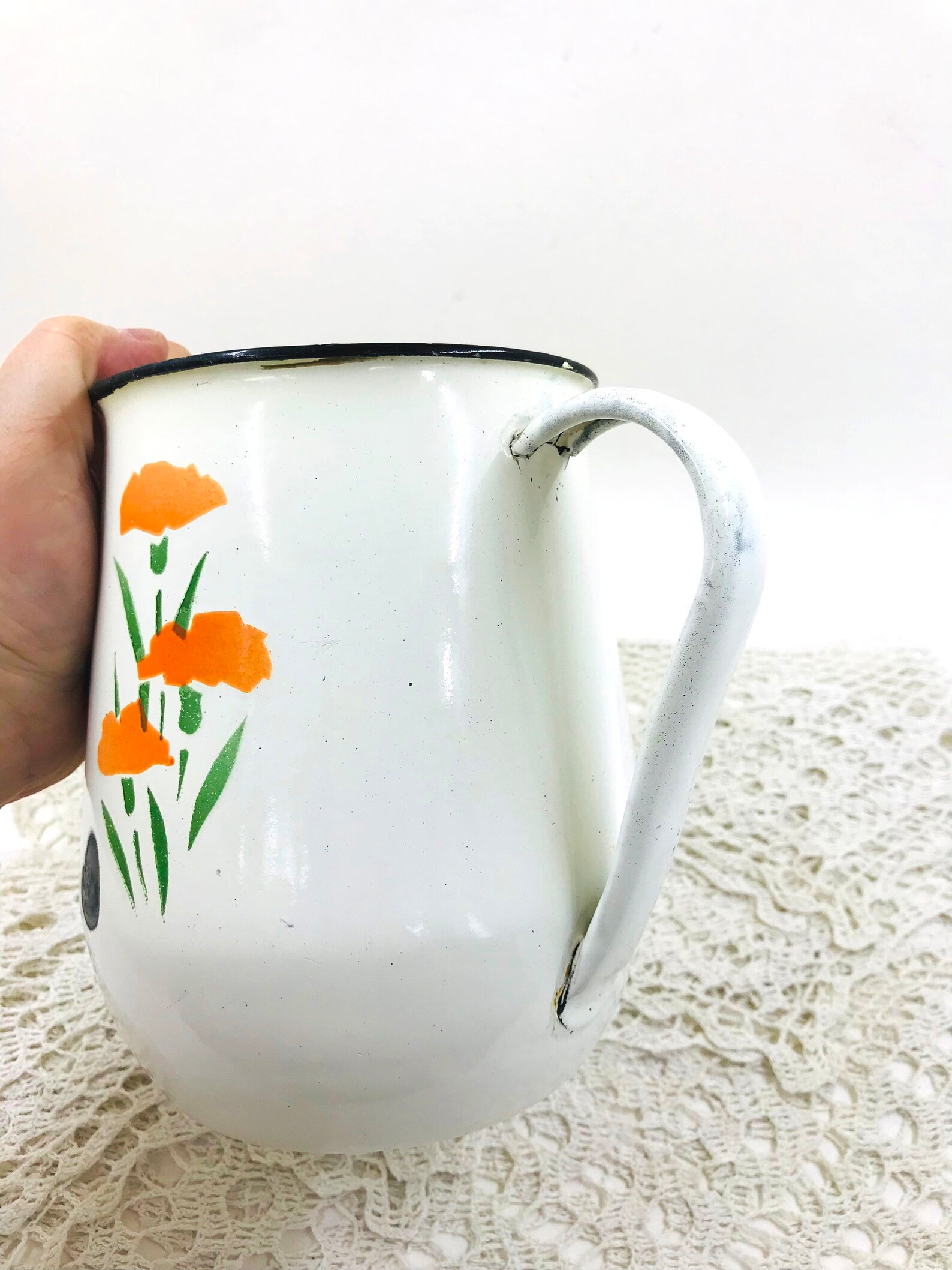 White Enamelware Pitcher Kitchen Enamel Water Jug Primitive | Etsy