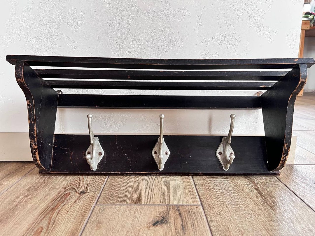 Vintage Wooden Shelf With Hooks Brown Vintage Wood Two Tier Shelf Metal ...