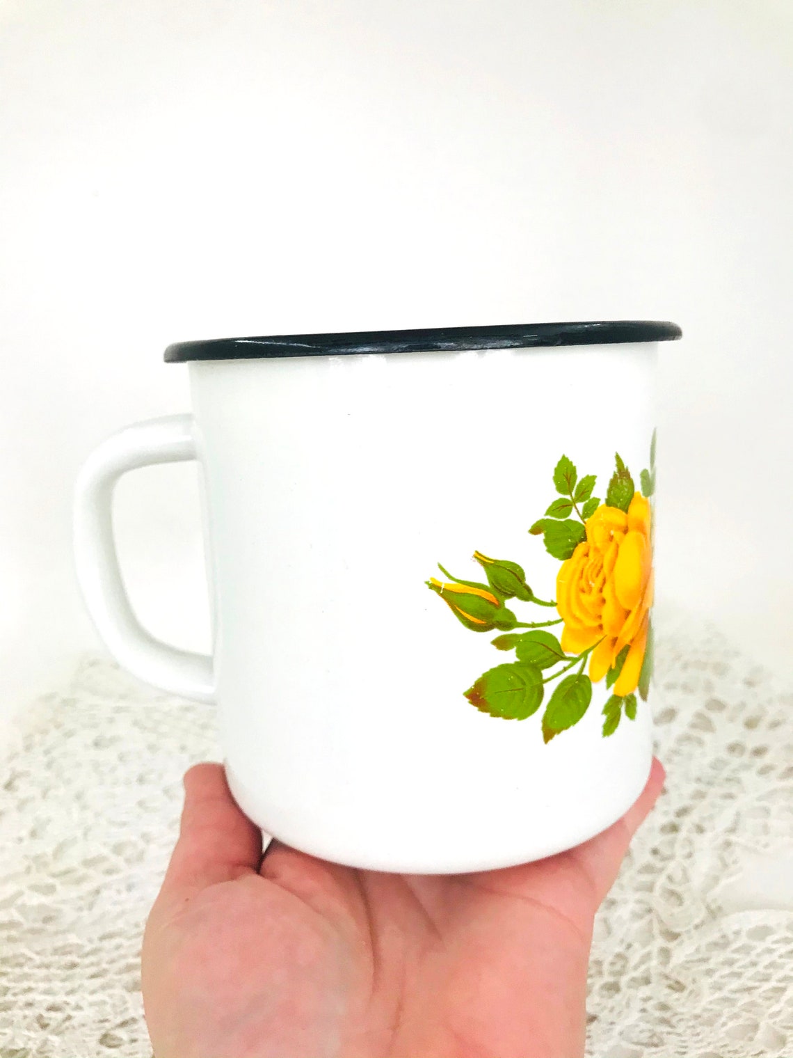 White enamelware mug Enameled cup Kitchen enamel water jug | Etsy