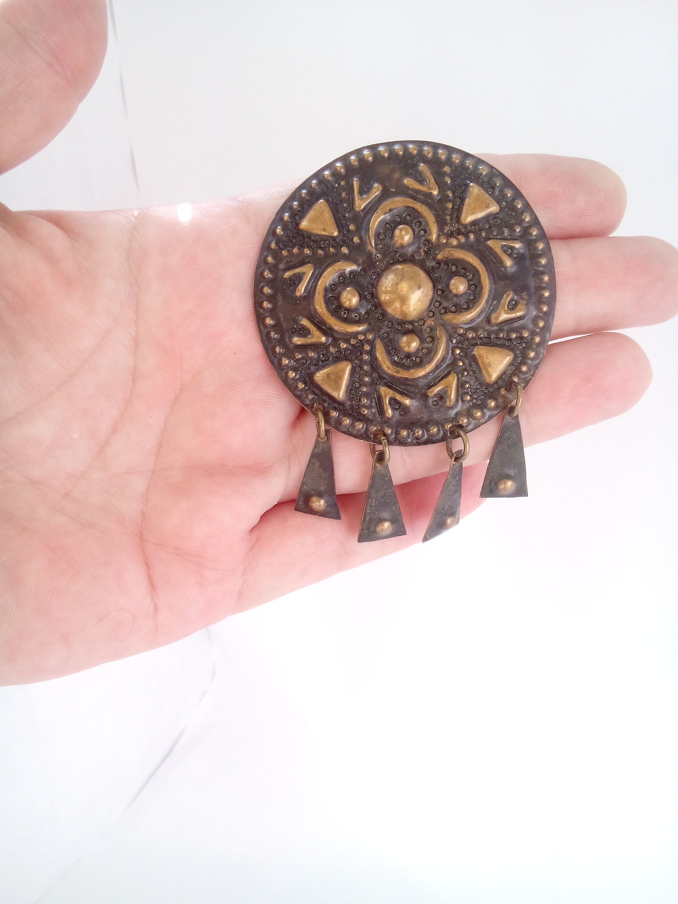 Vintage round brooch of metal copper Folk brooches pin Ethnic | Etsy