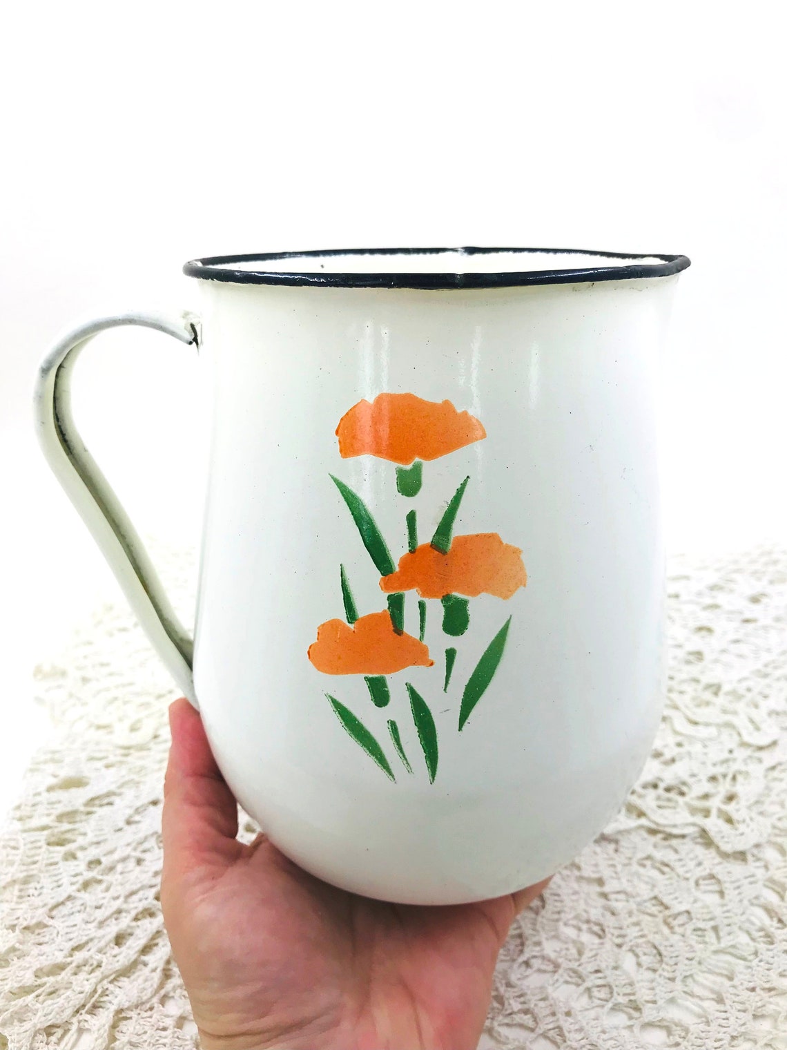 White Enamelware Pitcher Kitchen Enamel Water Jug Primitive - Etsy