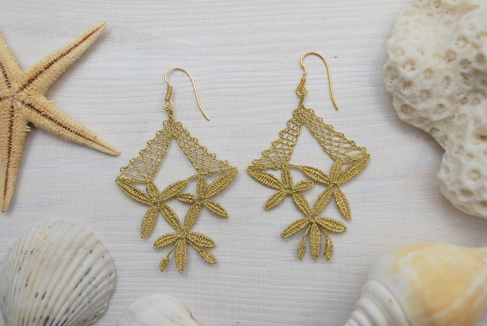 Floral Gold Bobbin Lace Earrings - Wedding Gold Bobbin Lace Earrings ...