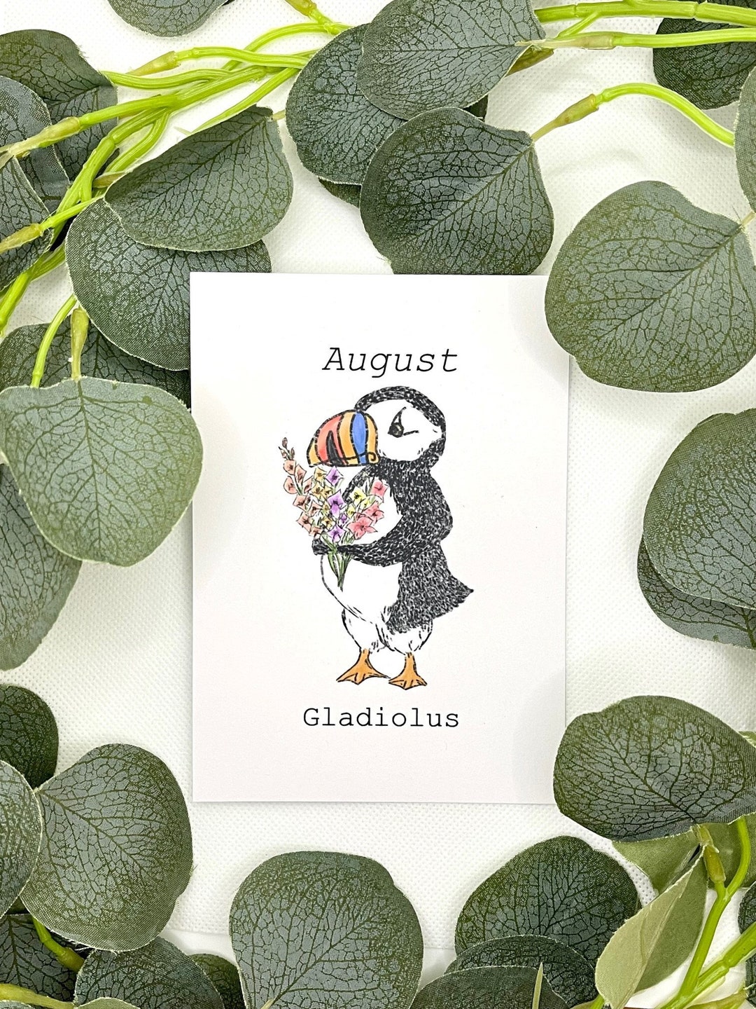 August Birth Flower Note Card. August Gladiolus and Puffin Print. - Etsy