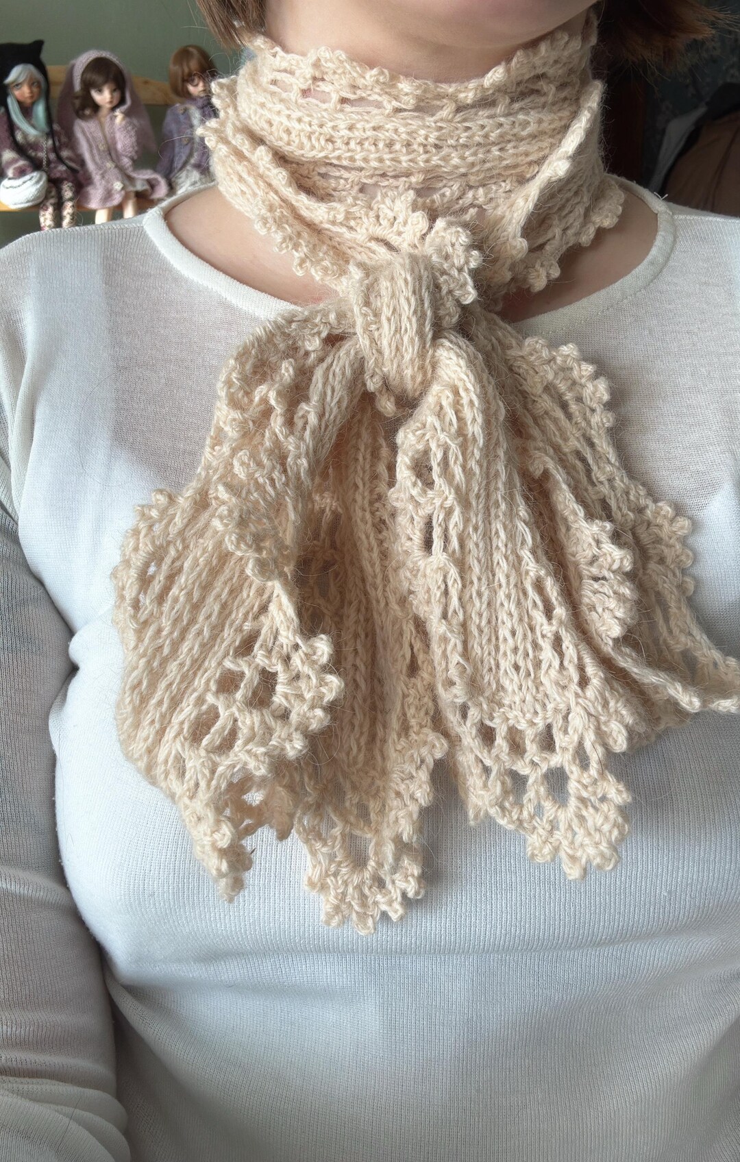 Angora Lace Tie, Beige Knitted Skinny Scarf, Accessory for Her, Long ...
