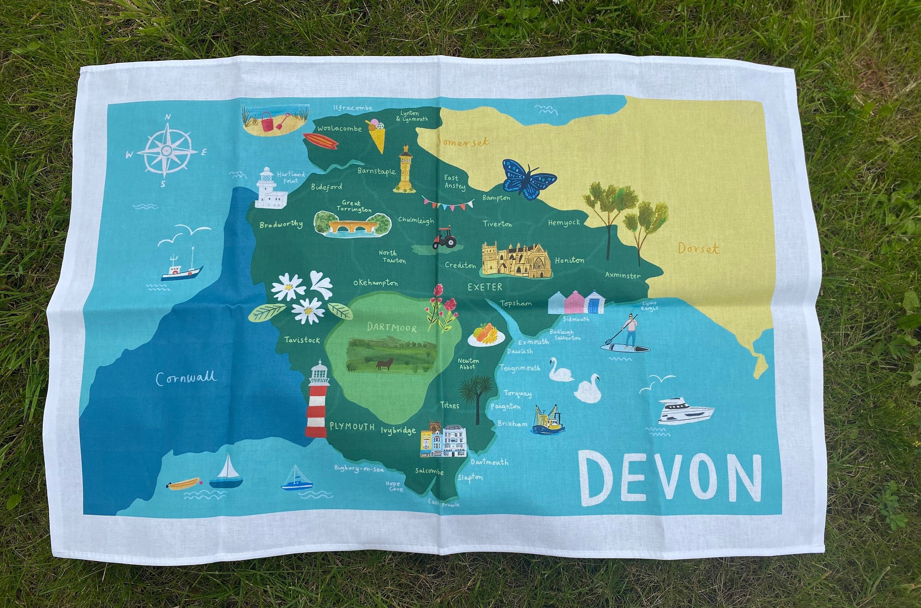 Devon Map Tea Towel, Devon Tea Towel, Devon Gift, Devon Map, Tea Towel ...