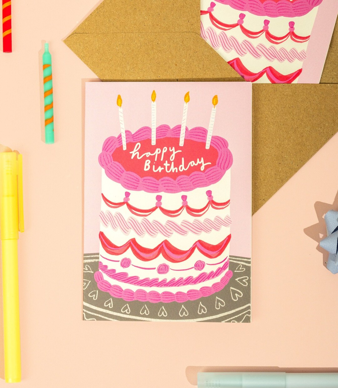 Birthday Cake Card, Birthday Card, Pink Birthday Card, Decorated Cake ...