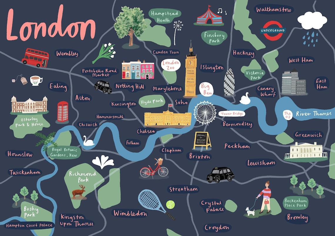 London Map, London Print, London Illustrated Map, Illustrated Maps ...