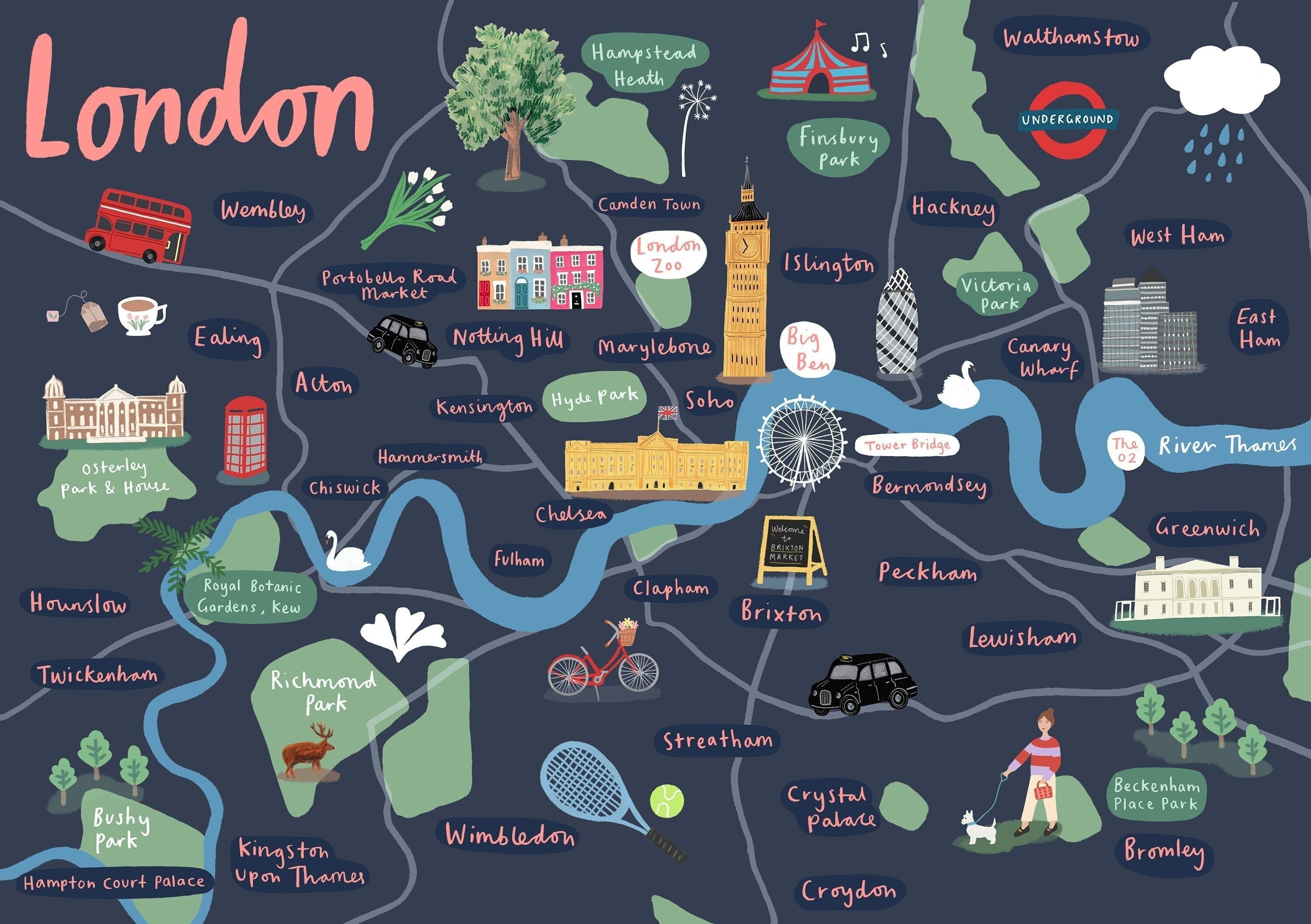 London Map, London Illustration, London Illustrated Map, Illustrated ...