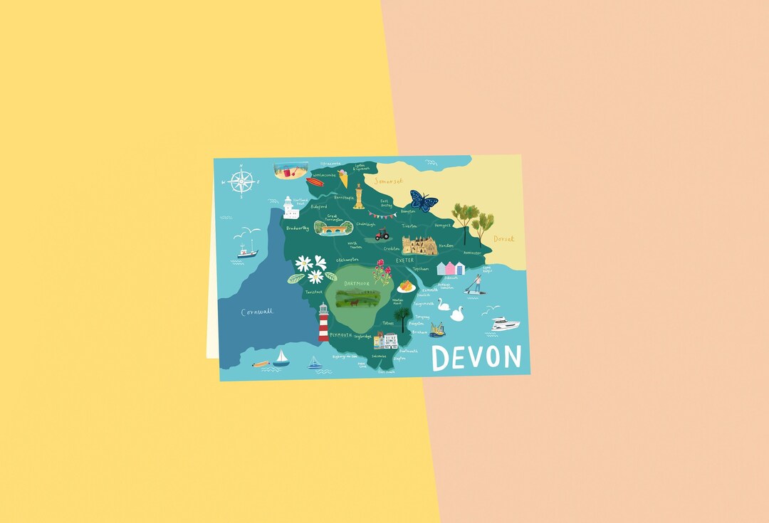 Devon Greeting Card, Devon Illustrated Map, Devon Illustrations, Devon ...