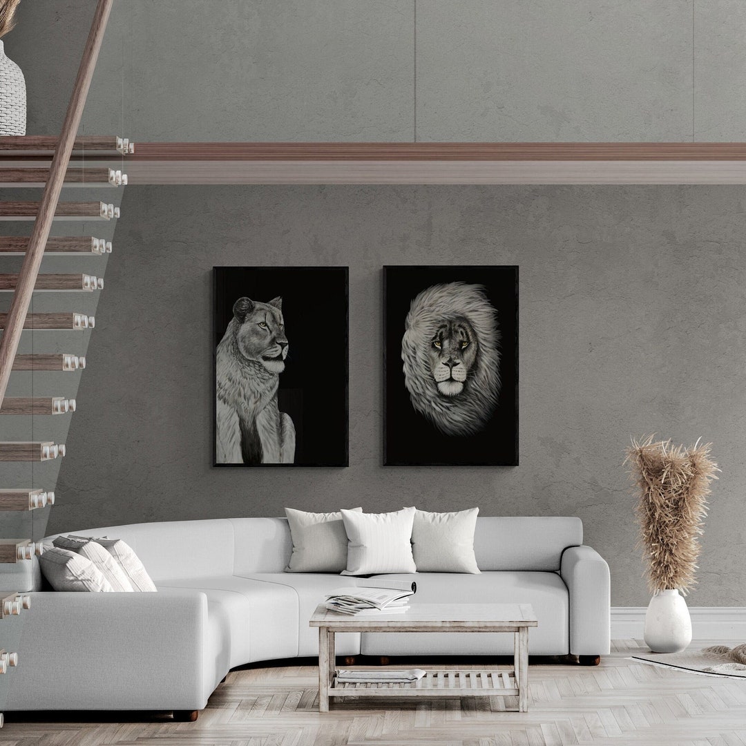 Set of 2 - Lion and Lioness Art Prints -black Version -print of ...
