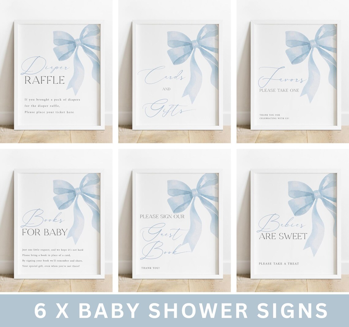 Blue Bow Baby Shower Table Sign Template | Coquette Bow Baby Shower ...