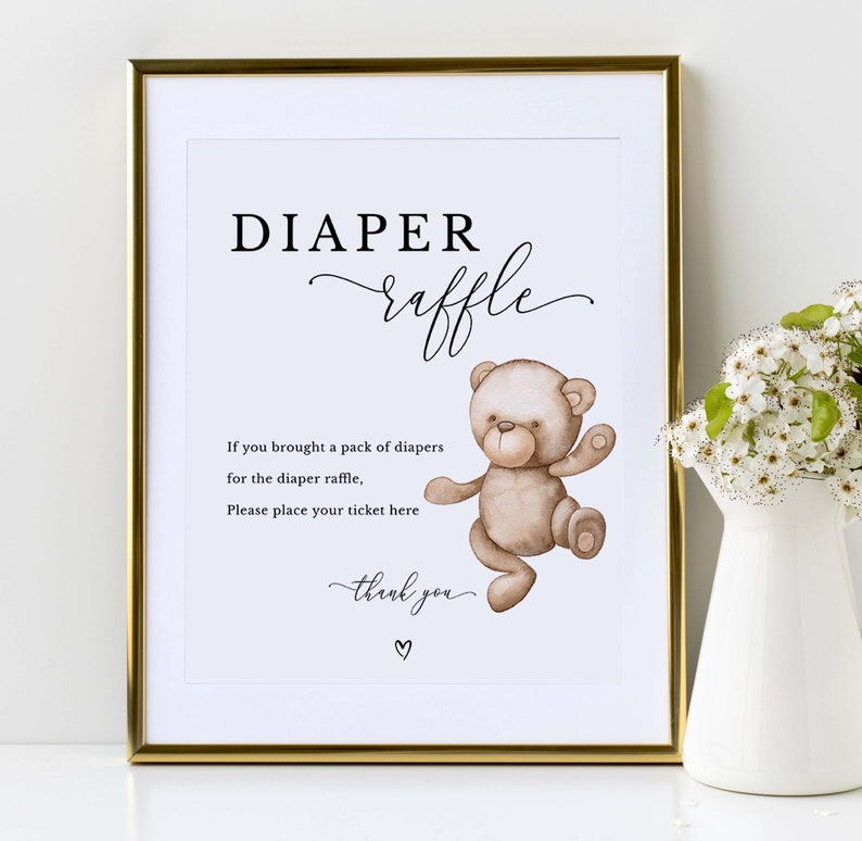 Diaper Raffle Sign Printable Template, Bear Theme Baby Shower Sign ...