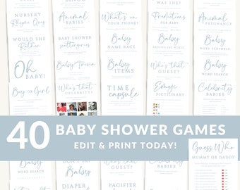 Editable Dusty Blue Baby Shower Games Bundle Blue Floral Baby Shower ...